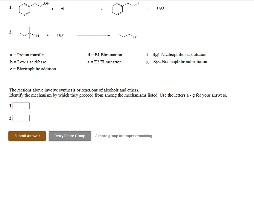 hzo oh hbr a proton transfer del elimination e e2 elimination f swl ...
