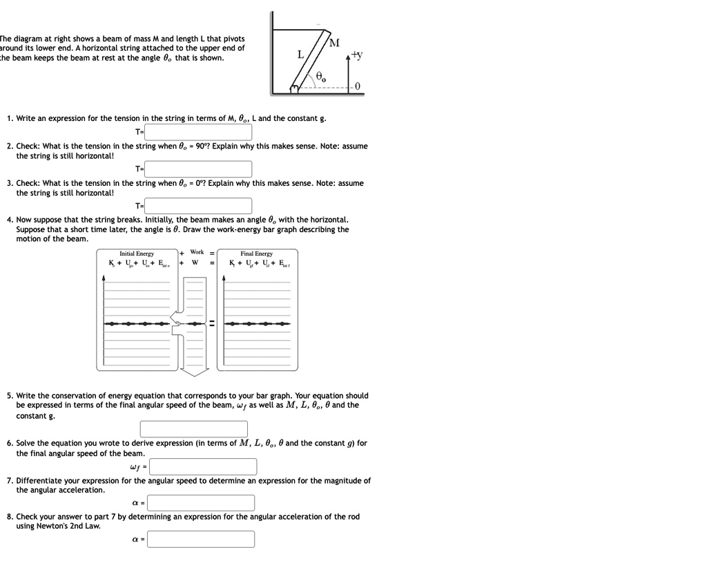 the diagram at right shows a beam of mass m and length l that pivots around its lower end a ...