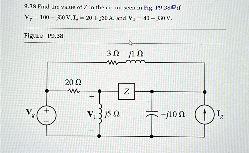 9.38 Find the value of Z in the circuit seen in Fig. P9.38 if Vg = 100 - j50 V, Ig = 20 + j30 A ...