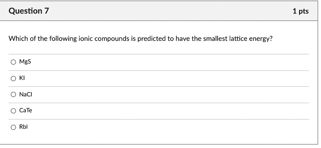 SOLVED: Question 7 1 pts Which of the following ionic compounds is ...