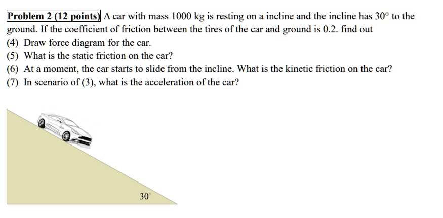 SOLVED: [Problem 2 (12 points) A car with mass 1000 kg is resting on a incline and the incline ...