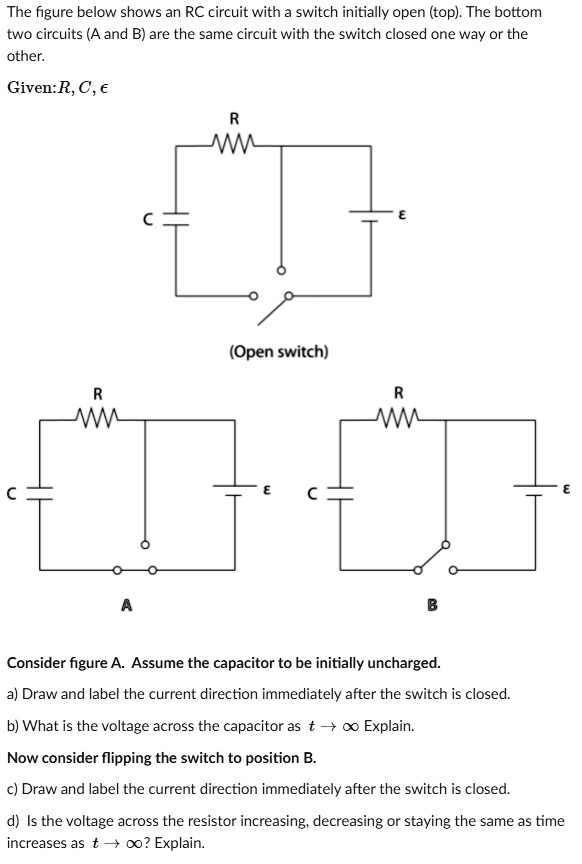SOLVED: The figure below shows an RC circuit with a switch initially open (top). The bottom two ...
