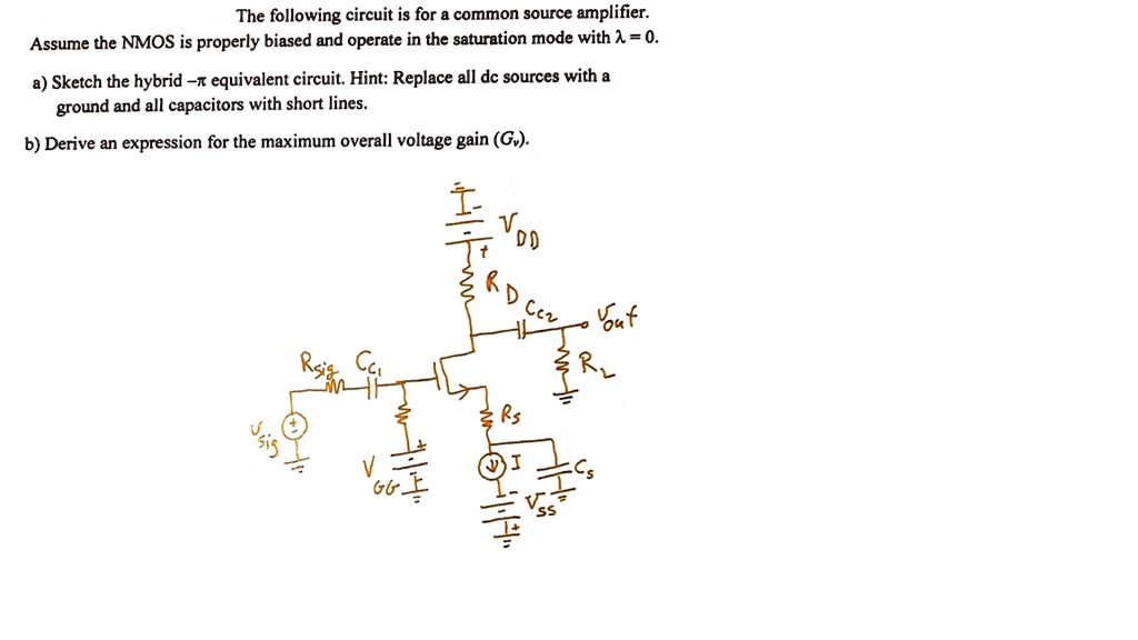 The following circuit is for a common source amplifier. Assume the NMOS is properly biased and ...