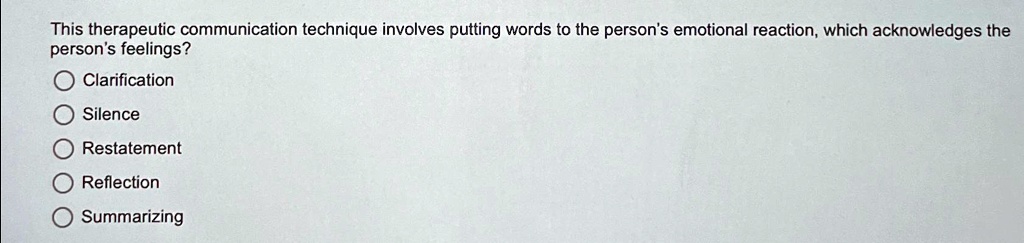 This therapeutic communication technique involves putting words to the ...