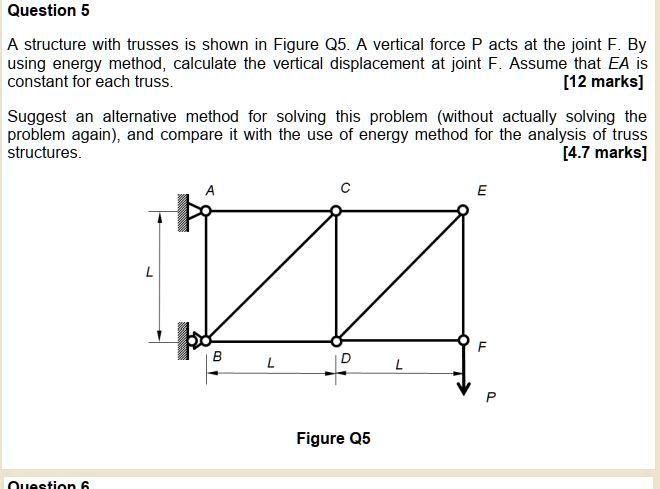 SOLVED: A structure with trusses is shown in Figure Q5. A vertical force P acts at the joint F ...