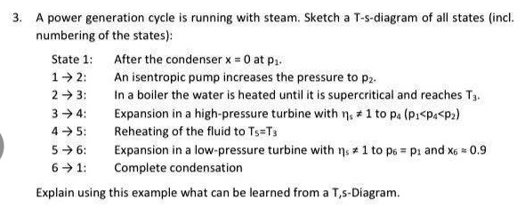 3. A power generation cycle is running with steam. Sketch a T-s-diagram ...