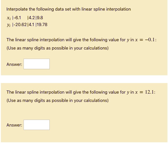 SOLVED:Interpolate the following data set with linear spline interpolation X; |-6.1 14.219.8 Yi ...