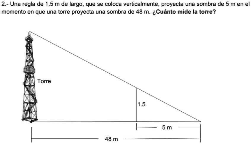 2.- Una regla de 1.5 m de largo, que se coloca verticalmente, proyecta una sombra de 5 m en el ...