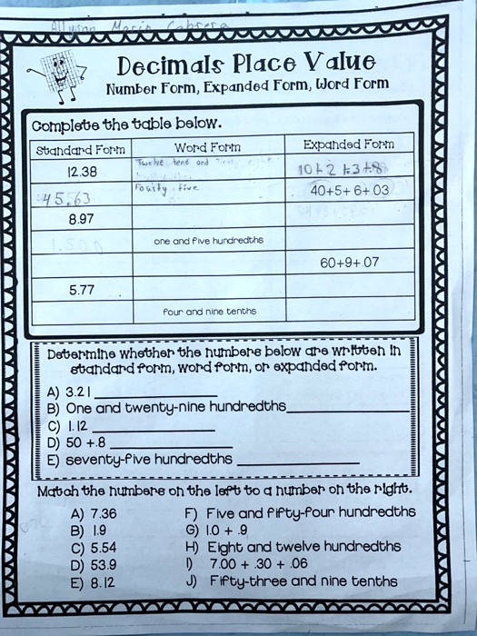 SOLVED Text Decimals Place Value Number Form Expanded Form Word