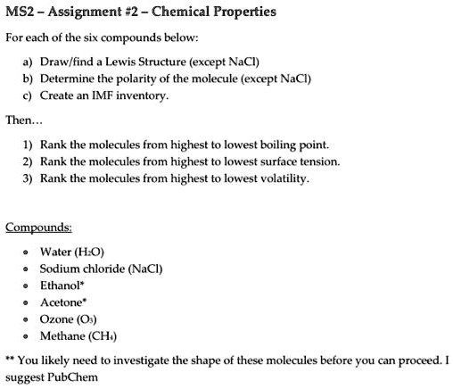 msz assignment 2 chemical properties for each of the six compounds ...