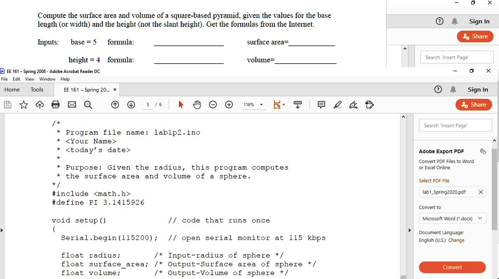 SOLVED: Compute the surface area and volume of a square-based pyramid, given the values for the ...
