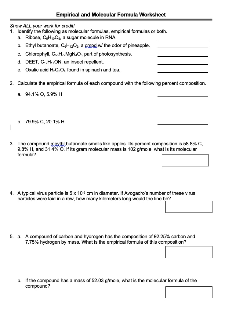 SOLVED Empirical And Molecular Formula Worksheet Show ALL Your Work