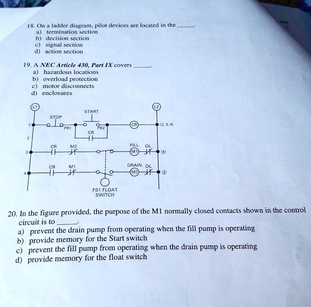 18. On a ladder diagram, pilot devices are located in the a ...