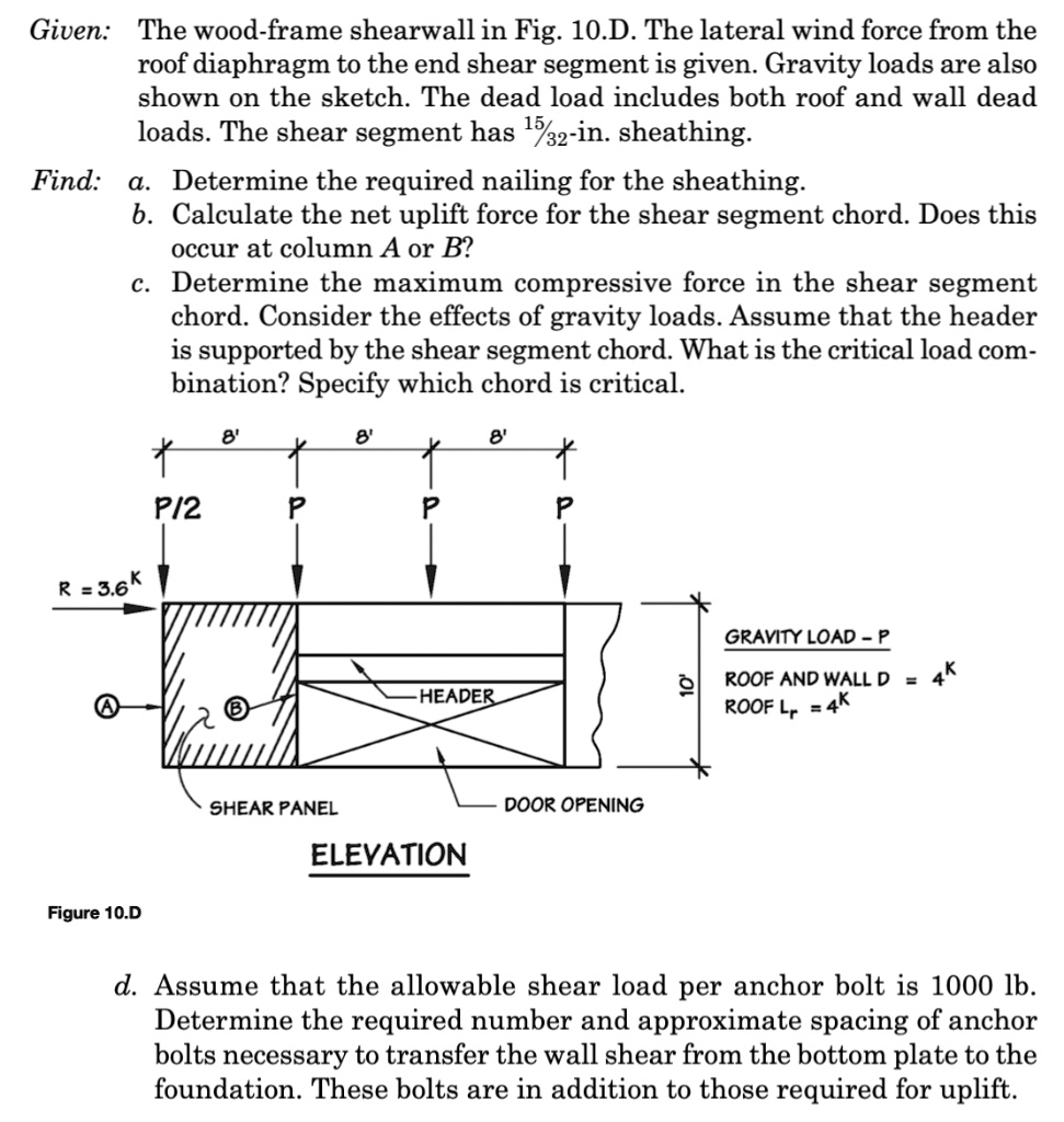 SOLVED: Given: The wood-frame shearwall in Fig. 10.D. The lateral wind ...