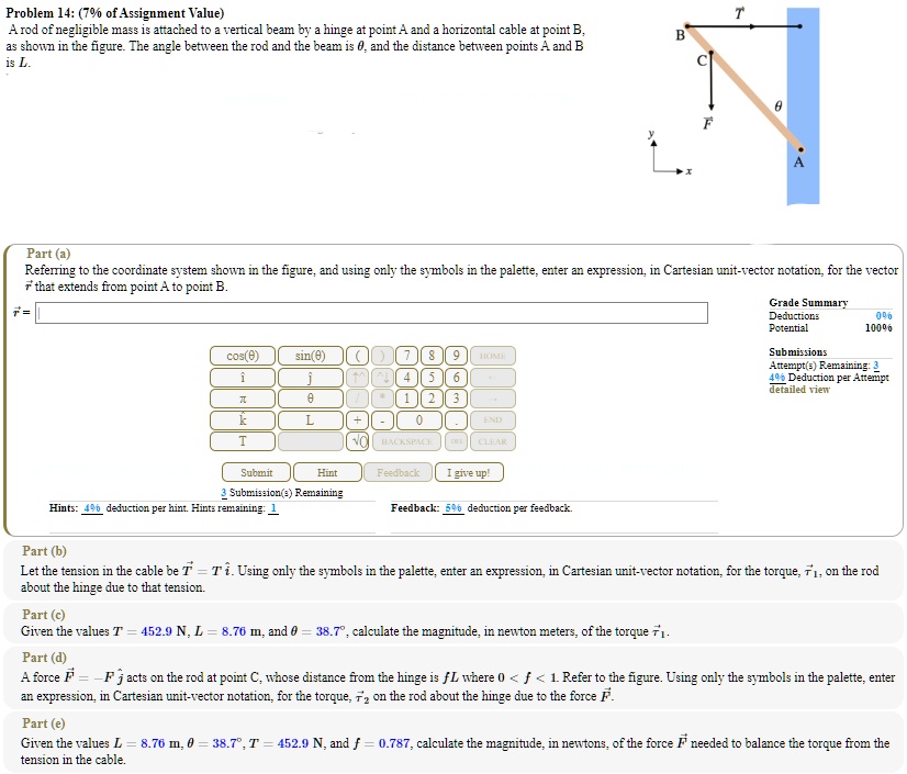 problem 14 7 of assignment value a rod of negligible mass is attached to a vertical beam by a ...