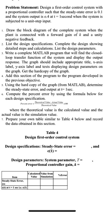 problem statement design first order control system with proportional controller such that the ...