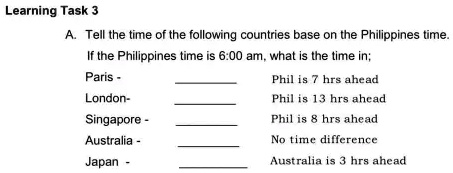 SOLVED: Learning Task Tell the time of the following countries base on ...