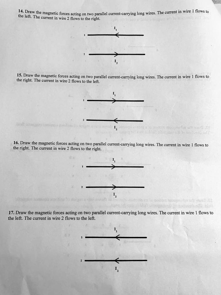 14. Draw the magnetic forces acting on two parallel current-carrying ...