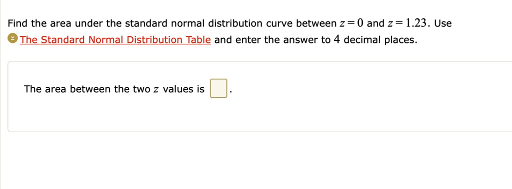 SOLVED: Find the area under the standard normal distribution curve between z = 0 and z = 1.23 ...