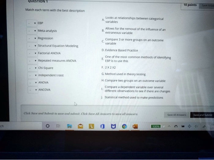 QUESTION 1 10 points Match each term with the best description EBP Meta ...