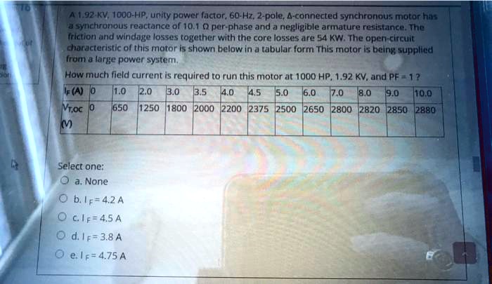 SOLVED: A 1.92 kV, 1000 HP, unity power factor, 60 Hz, 2-pole, A ...