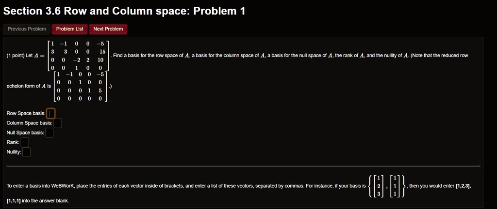 Solved Section 36 Row And Column Space Problem 1 Previous Problem 3633