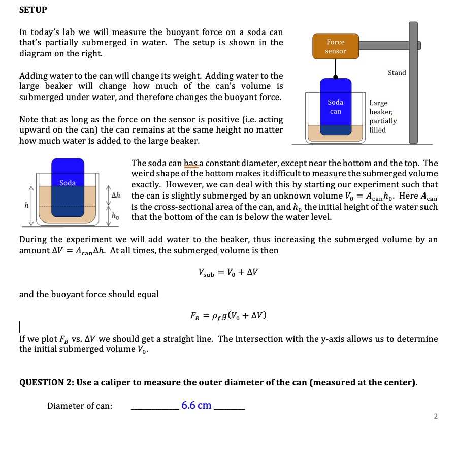 SOLVED: SETUP today's lab we will measure the buoyant force on soda can that'partially submerged ...