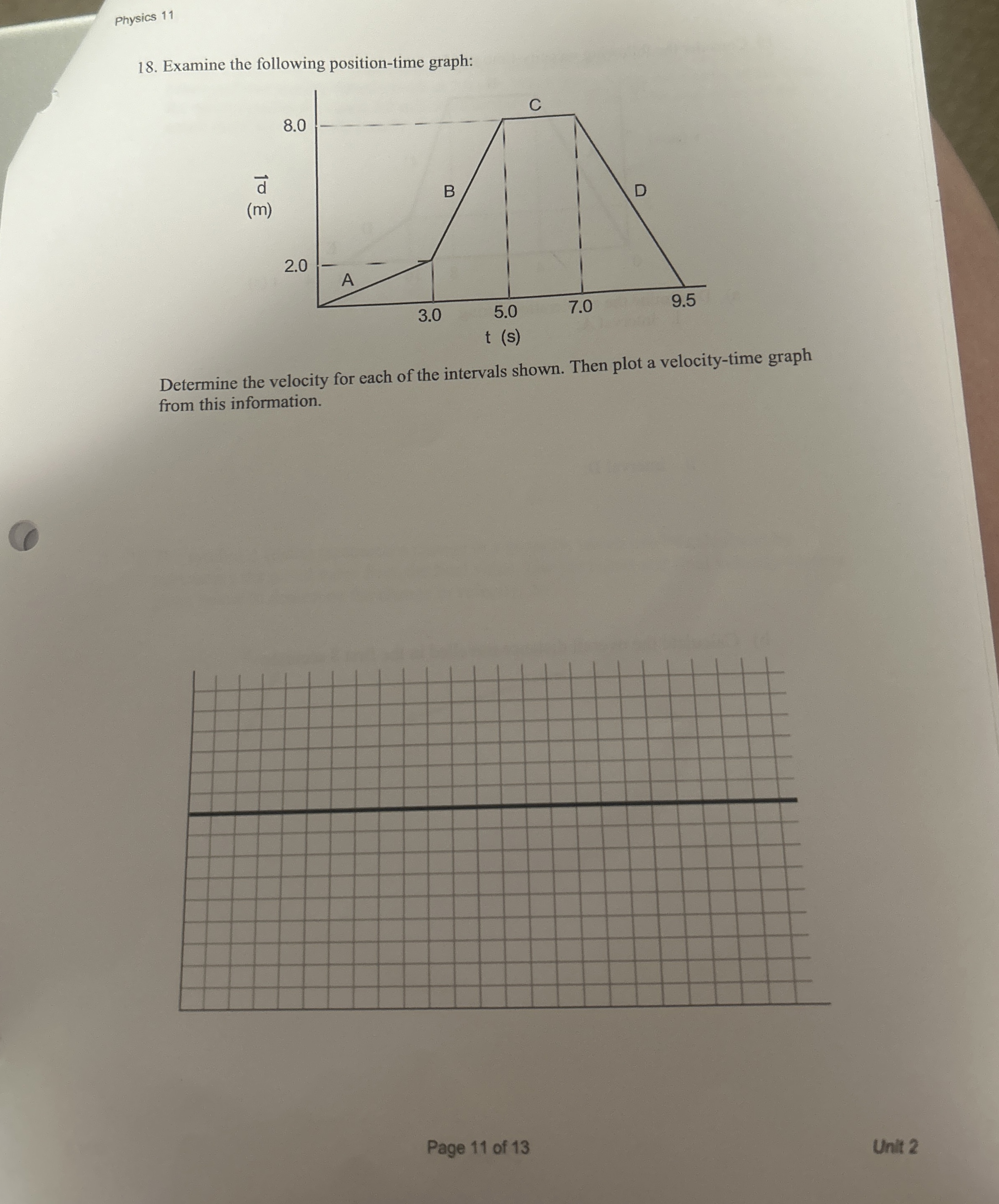 Physics 11 18. Examine the following position-time graph: Determine the ...