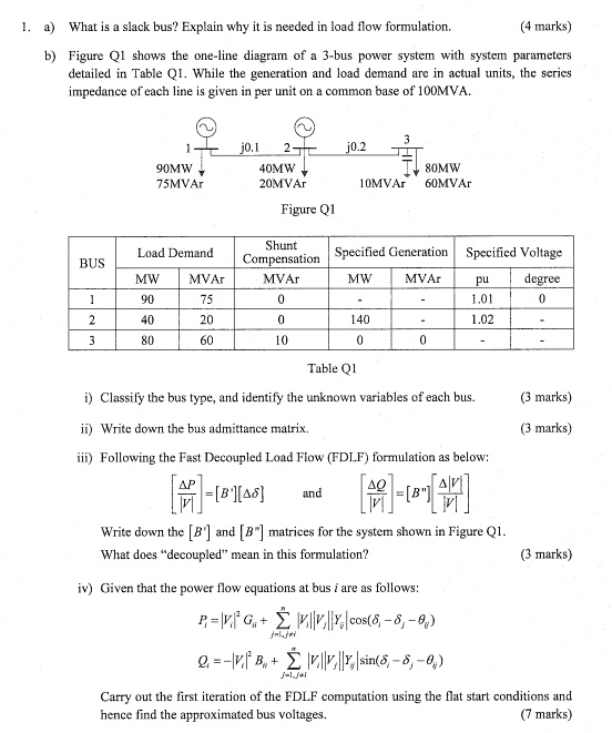 from 1b i to iv plz thank you 1a what is a slack bus explain why it is needed in load flow ...