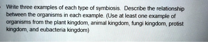 SOLVED: Write three examples of each type of symbiosis Describe the ...