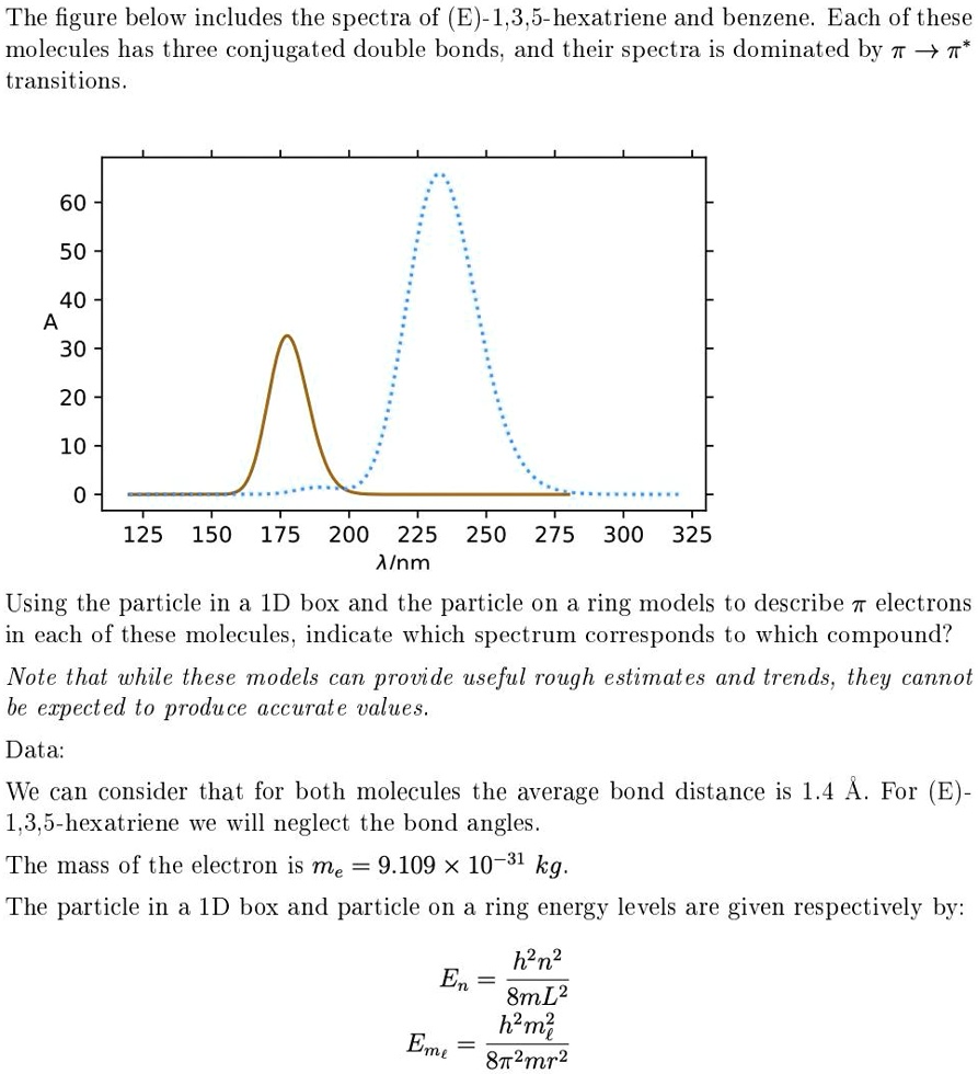 The figure below includes the spectra of (E)-1,3,5-hexatriene and benzene. Each of these ...