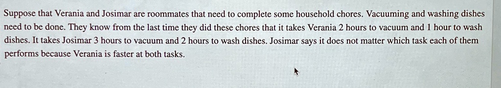Suppose that Verania and Josimar are roommates that need to complete ...