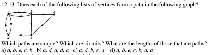 SOLVED: 12.13. Does each of the following lists of vertices form a path in the following graph ...