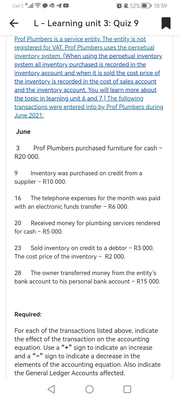 Cell C4. ← L - Learning unit 3: Quiz 9 Prof Plumbers is a service ...