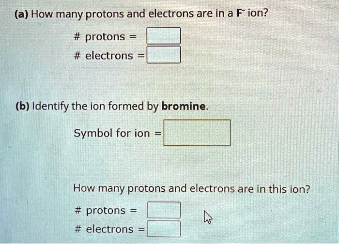 SOLVED: (a) How many protons and electrons are in a F ion? #protons= #electrons (b)identify the ...