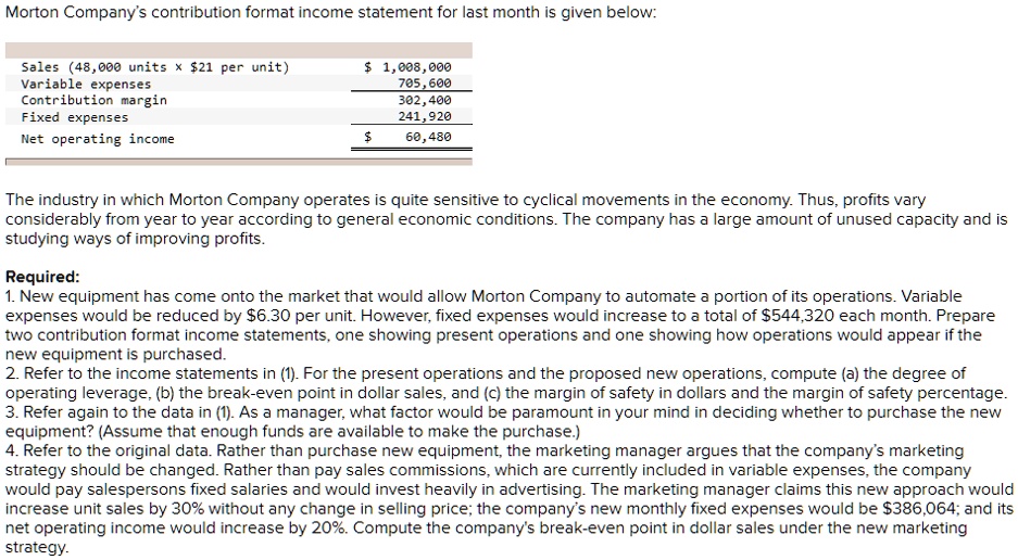 morton company contribution format income statement for last month is ...