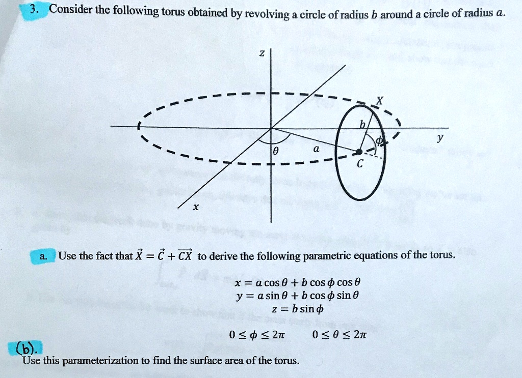 3. Consider the following torus obtained by revolving a circle of radius b around a circle of ...