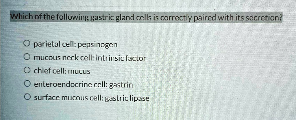 SOLVED: Which of the following gastric gland cells is correctly paired with its secretion ...