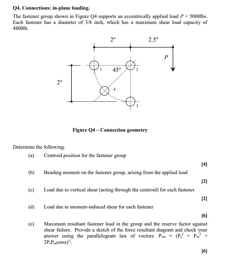 SOLVED: Q4. Connections: in-plane loading The fastener group shown in Figure Q4 supports an ...
