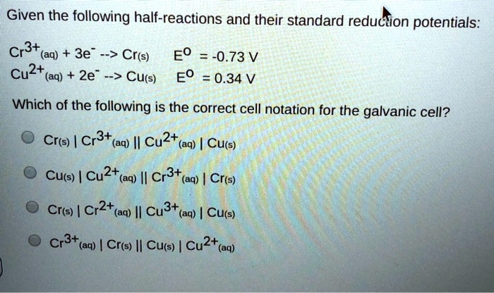 SOLVED: Given the following half-reactions and their standard reduction potentials: Cr3+(aq ...