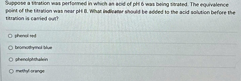 SOLVED: Suppose a titration was performed in which an acid of pH 6 was ...