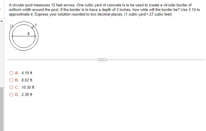 SOLVED: A circular pool measures 12 feet across. One cubic yard of ...