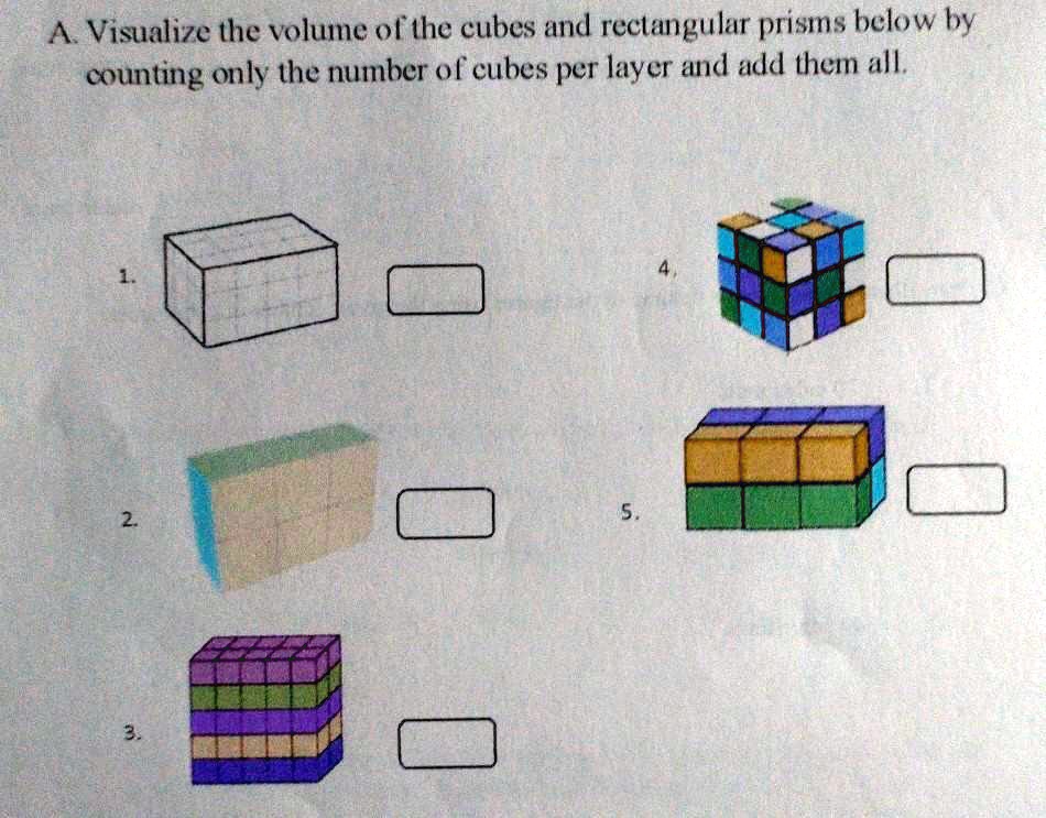 SOLVED: 'A. Visualize the volume of the cubes and rectangular prisms below by counting only the ...
