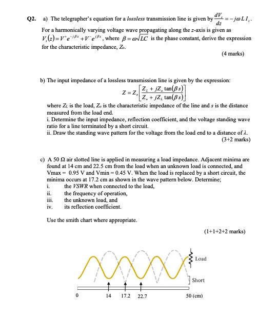 SOLVED: dV Q2.a) The telegraphers equation for a lossless transmission line is given by -=-jLI ...