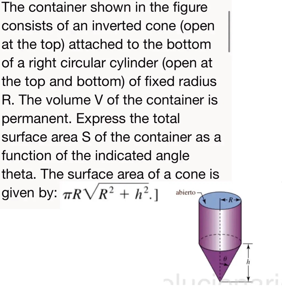 SOLVED: The container shown in the figure consists of an inverted cone ...