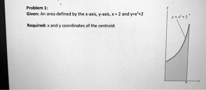 SOLVED: Problem 1: Given an area defined by the x-axis, y-axis, x = 2, and y = x + 2. Required ...