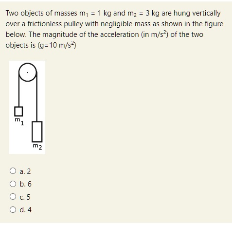 SOLVED: Two objects of masses m1 kg and mz 3 kg are hung vertically over frictionless pulley ...