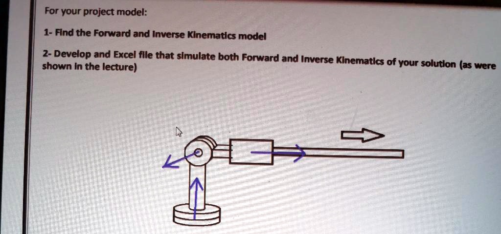 For your project model: 1- Find the Forward and Inverse Kinematics model 2- Develop and Excel ...