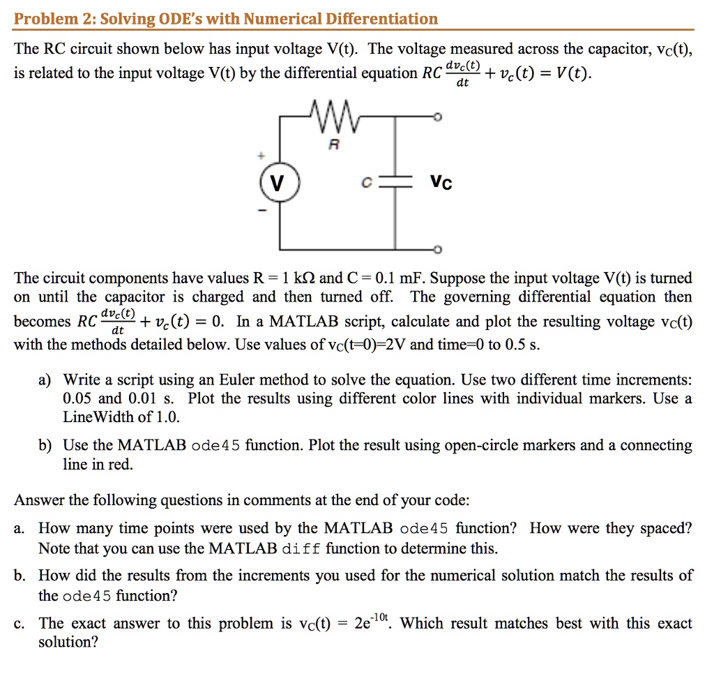 Problem 2: Solving ODE's with Numerical Differentiation The RC circuit shown below has input ...