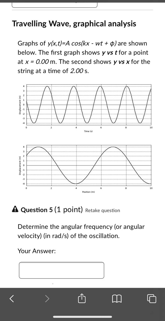 Travelling Wave, graphical analysis Graphs of y(x,t)=A cos(kx - wt + ?) are shown below. The ...